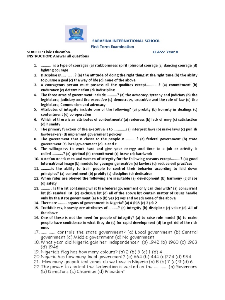 Exam Questions (Civic Year 8) | PDF | Integrity | Courage