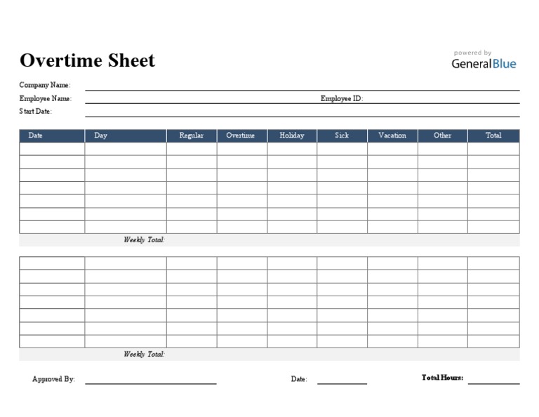 Overtime Sheet: Company Name: Employee Name: Employee ID: Start Date | PDF