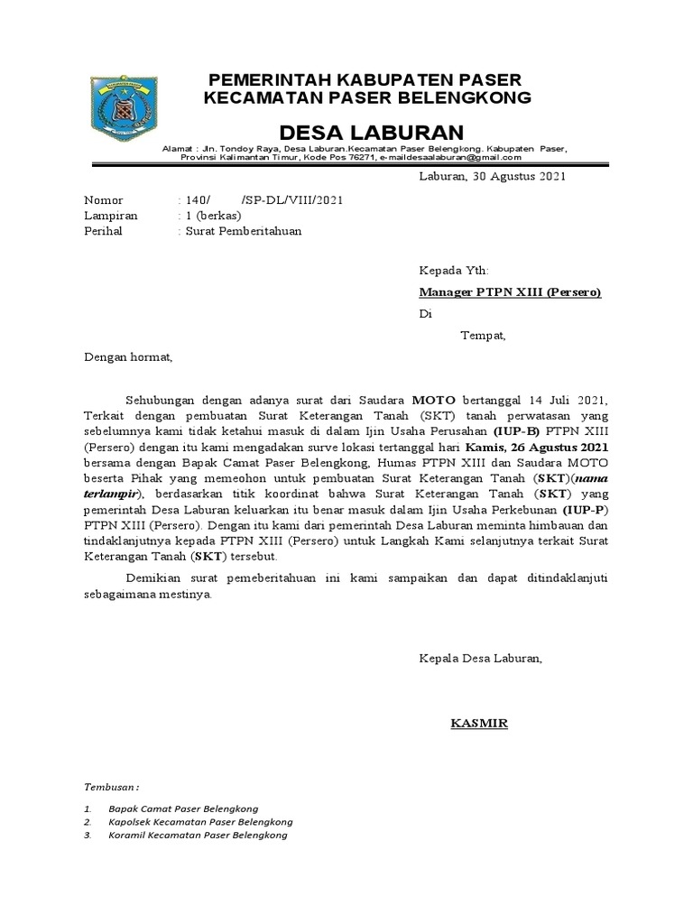 Surat Pemberitahuan PTPN | PDF