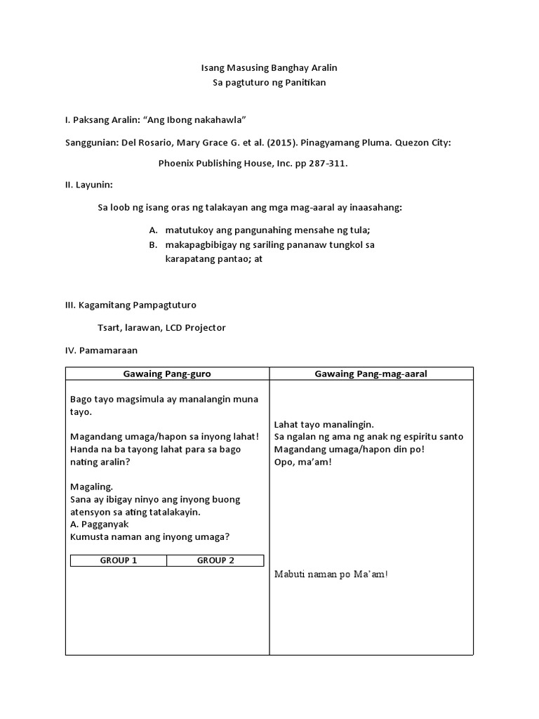 Isang Masining Na Banghay Aralin | PDF
