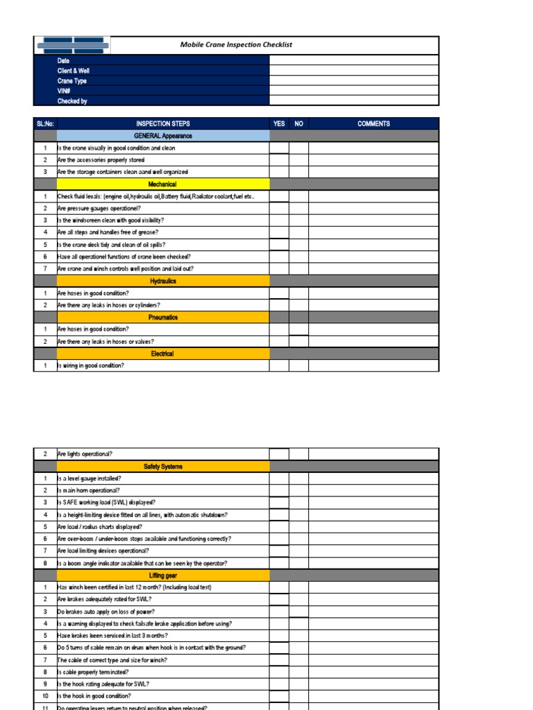 Mobile Crane SITE ENTRY Inspection Checklist | PDF | Crane (Machine ...