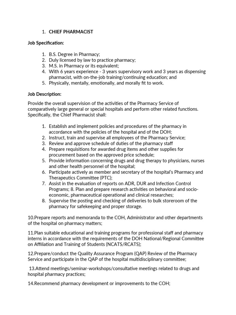 Job Descriptions of Hospital Pharmacists Based On Position Using The ...