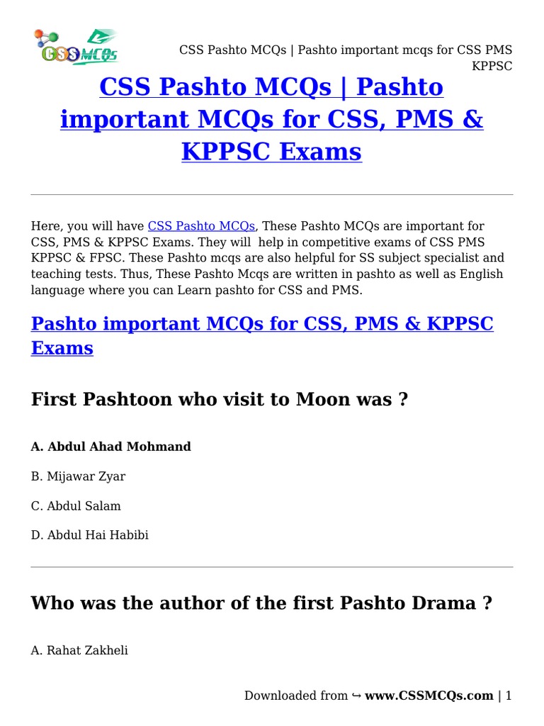 CSS Pashto MCQs - Pashto Important Mcqs For CSS PMS KPPSC | PDF ...