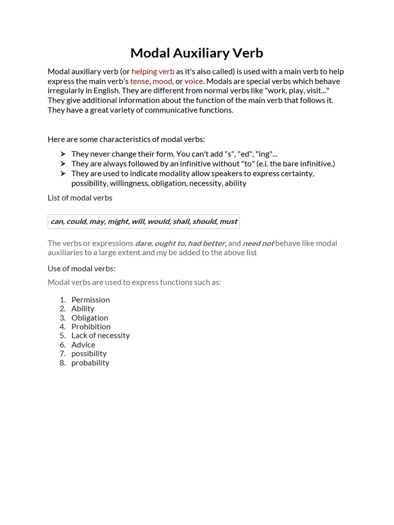 Modal Auxiliary Verbs: Functions and Usage | PDF | Morphology | Semantics