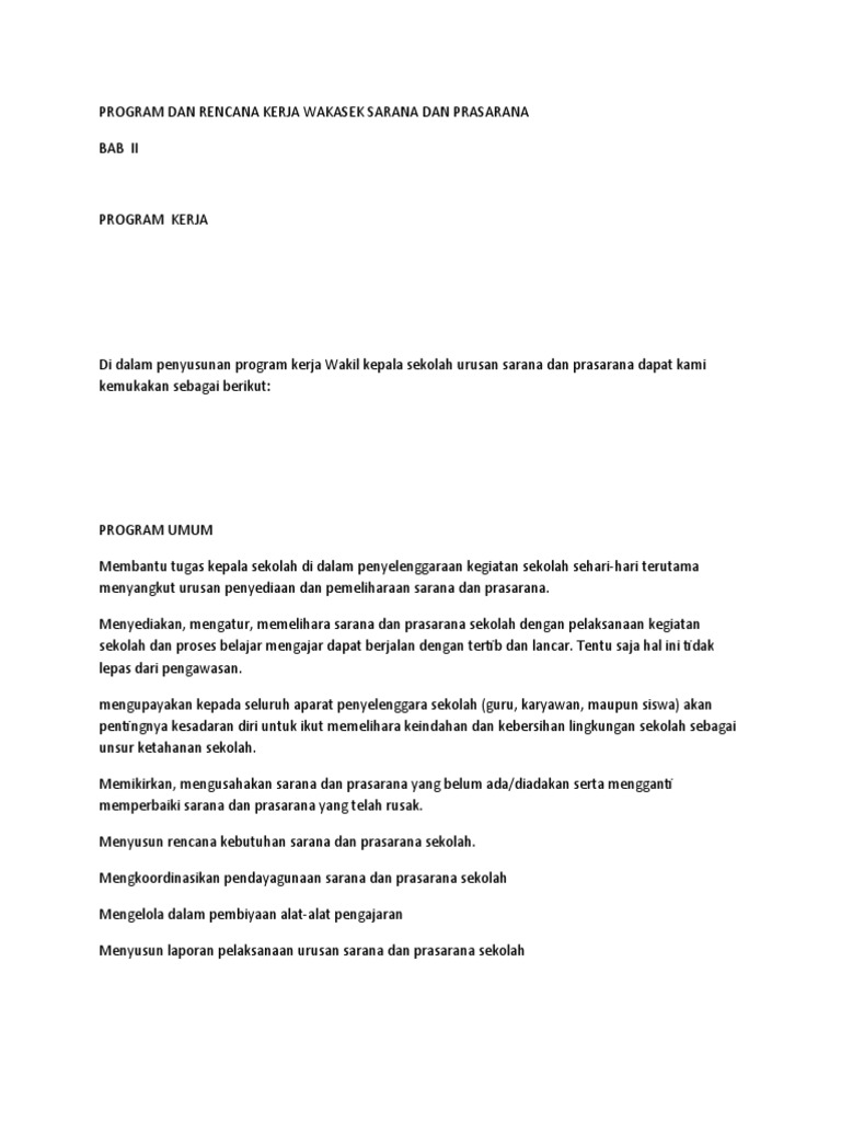 Program Dan Rencana Kerja Wakasek Sarana Dan Prasarana | PDF