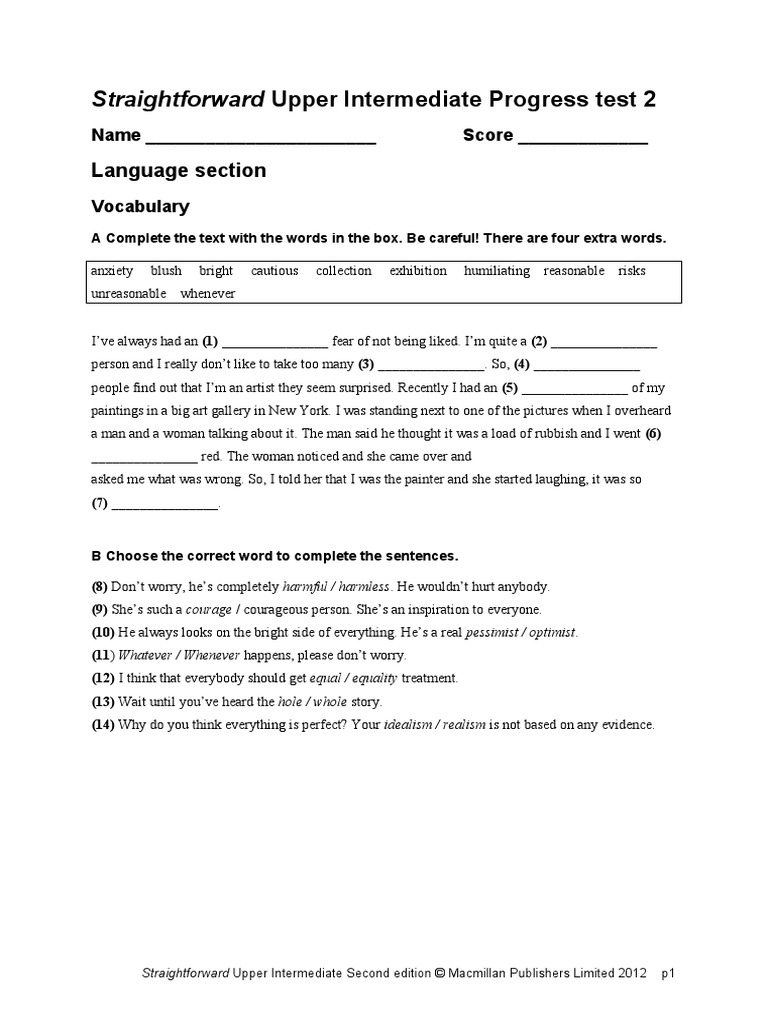 Straightforward Upper Intermediate Progress Test 2: Language Section | PDF