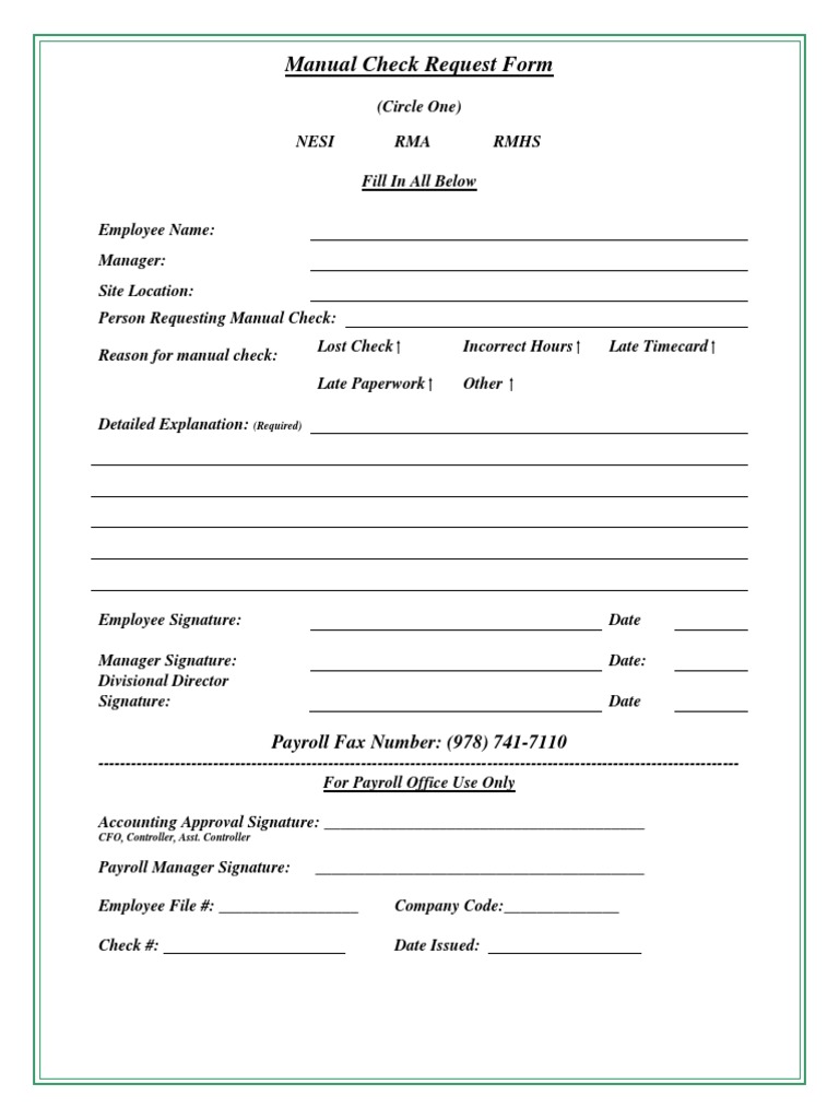 Manual Check Request Form: Payroll Fax Number: (978) 741-7110 | PDF