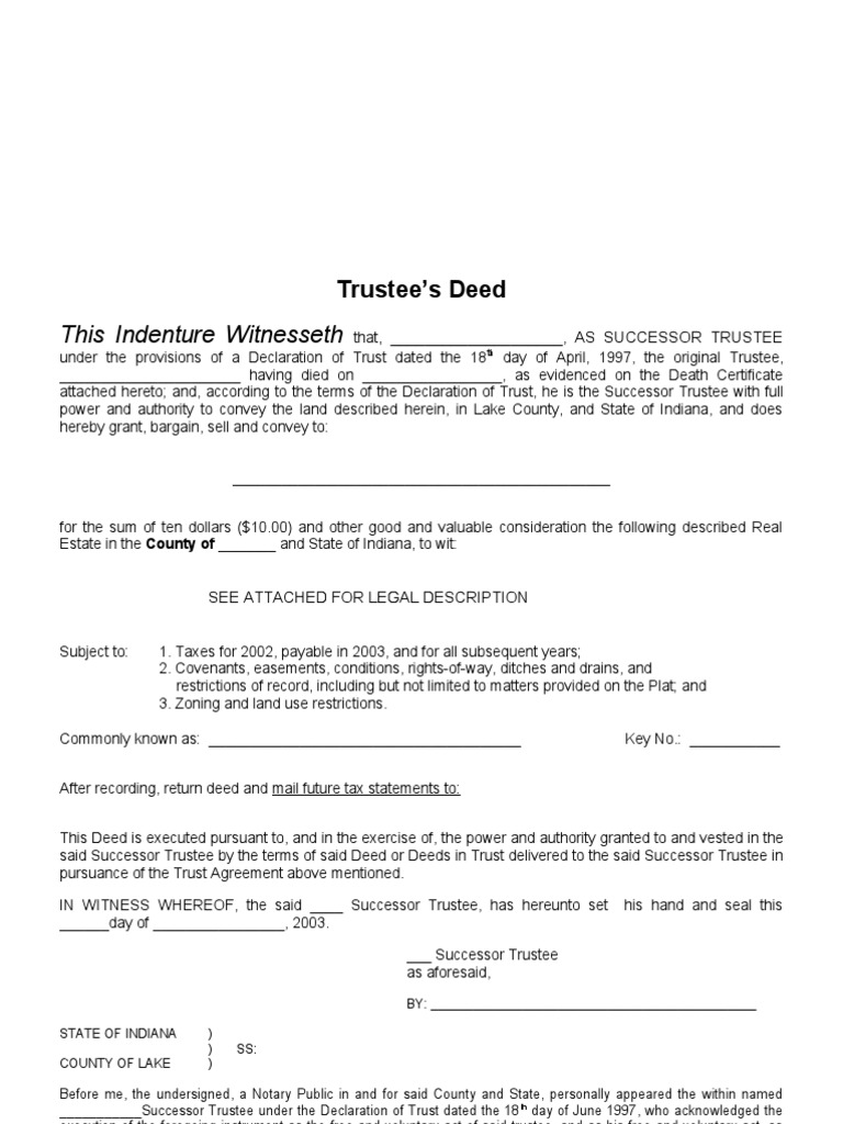 Indiana Successor Trustee's Deed | PDF | Deed | Trust Law