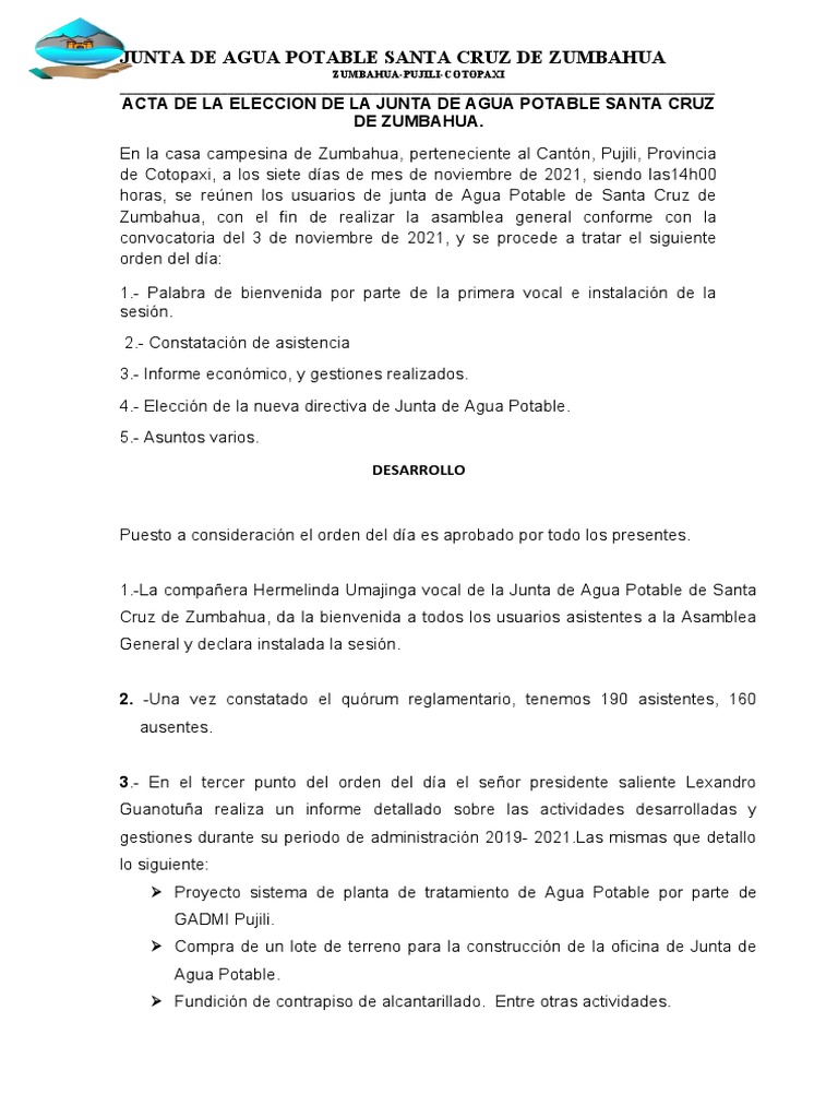 Acta de La Eleccion de La Junta de Agua Potable Santa Cruz de Zumbahua | PDF | Gobierno