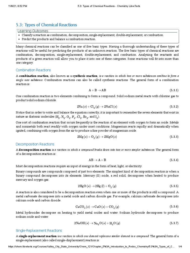 Types of Chemical Reactions | PDF | Chemical Reactions | Chemical Compounds