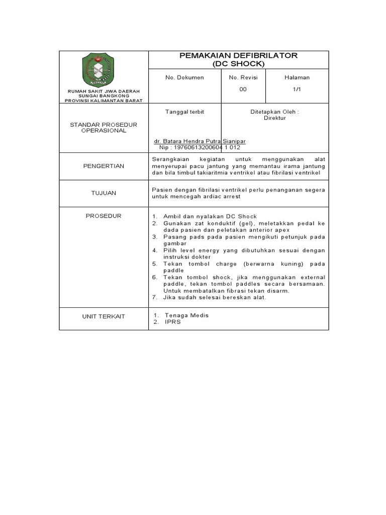SOP Penggunaan Defibrilator di RS Jiwa | PDF