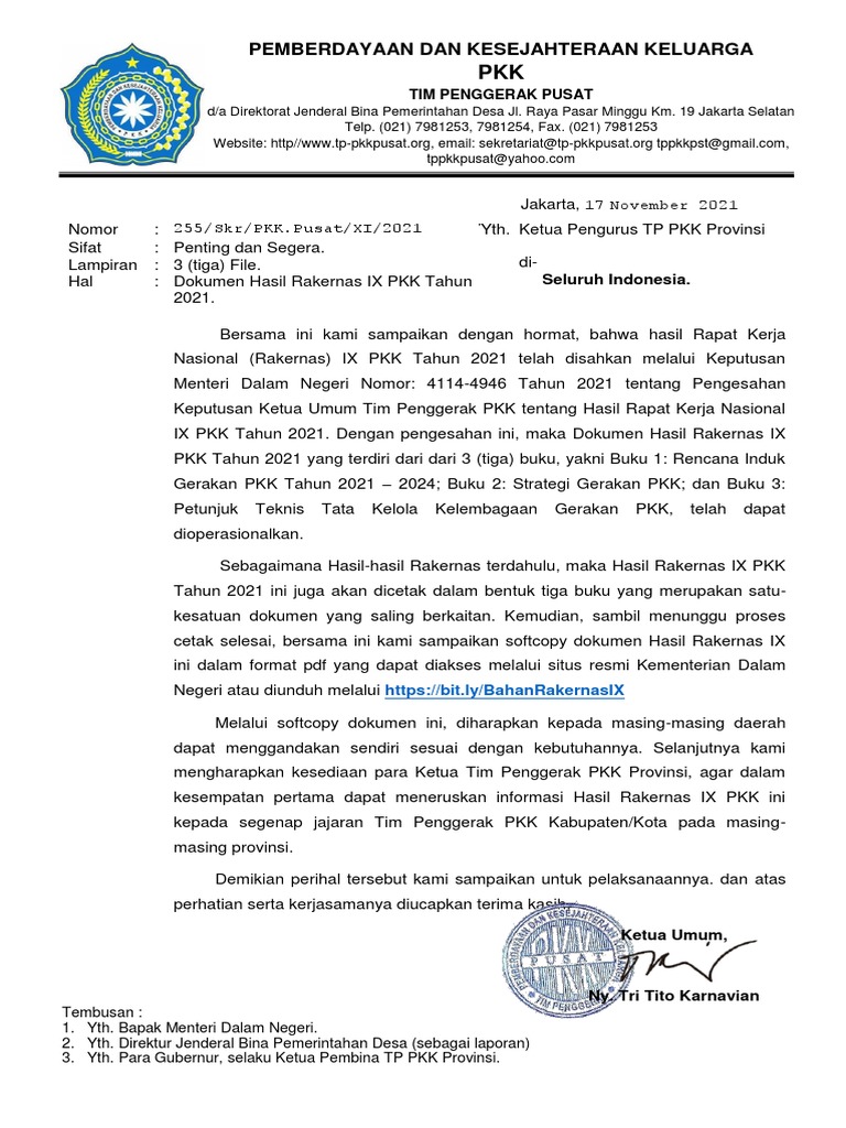 SURAT KU TP PKK TENTANG DOKUMEN HASIL RAKERNAS IX PKK TAHUN 2021ok | PDF