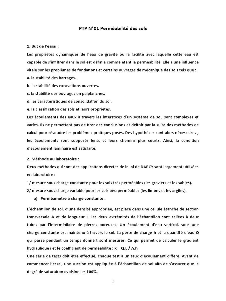 TP N°1 Mesure de Perméabilité | PDF | Perméabilité (fluide) | Mécanique des sols