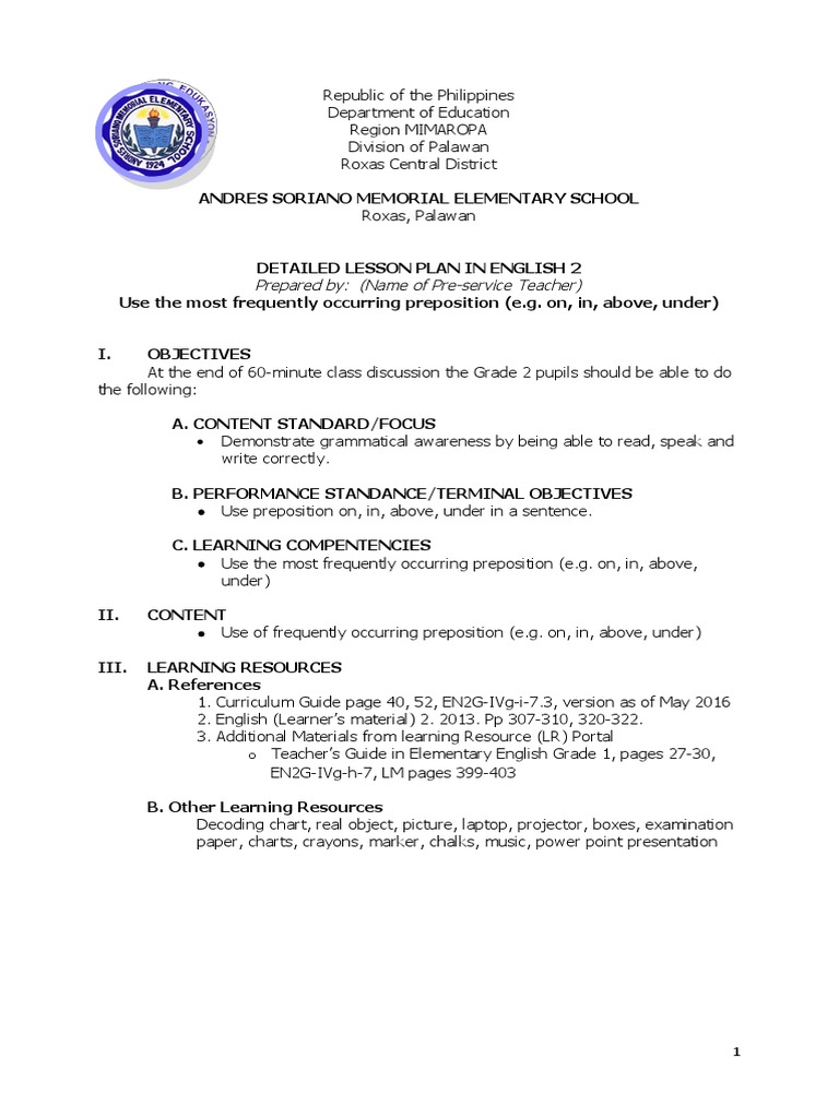 Detailed Lesson Plan On Prepositions | PDF | Lesson Plan | English Language