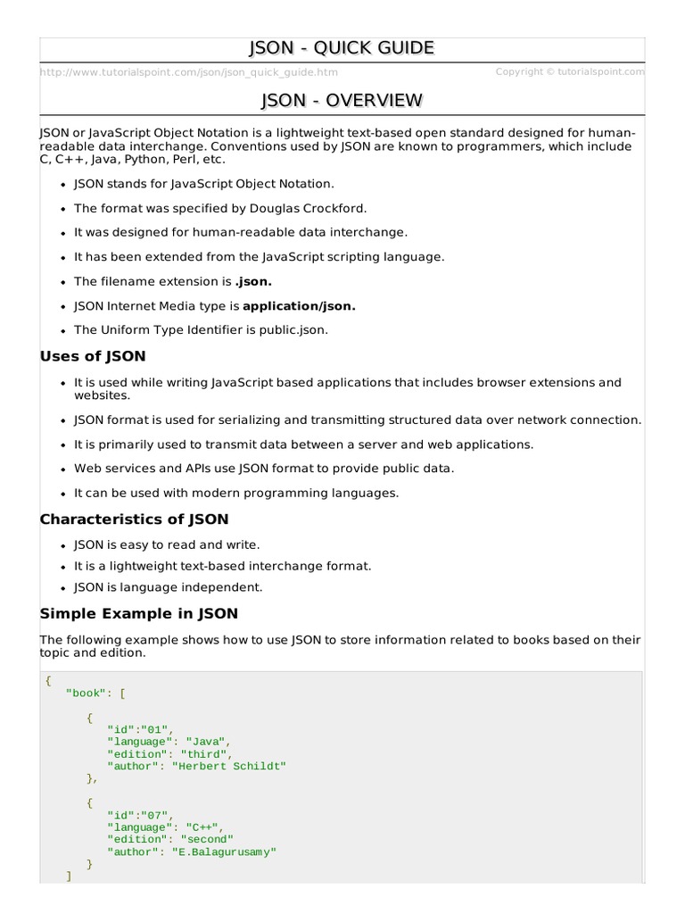 Json - Quick Guide Json - Overview | PDF | Ajax (Programming) | Json Json - Quick Guide Json - Overview | PDF | Ajax (Programming) | Json