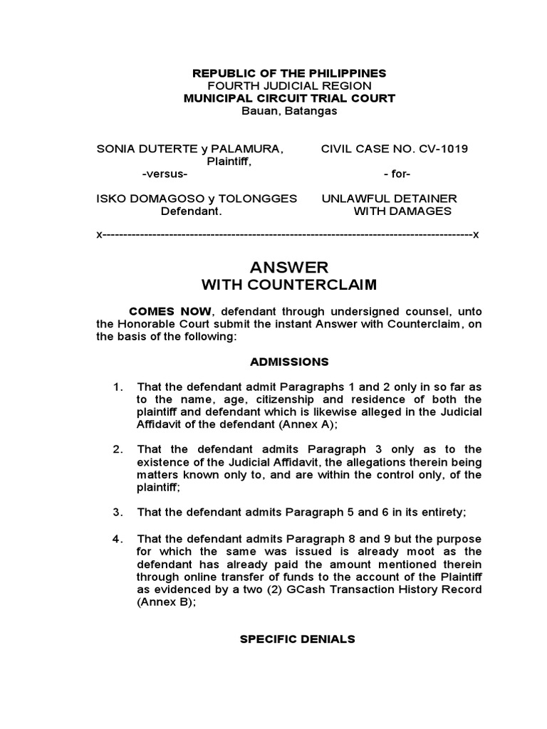 Answer-Unlawful Detainer-Isko Domagoso | PDF | Lawsuit | Affidavit