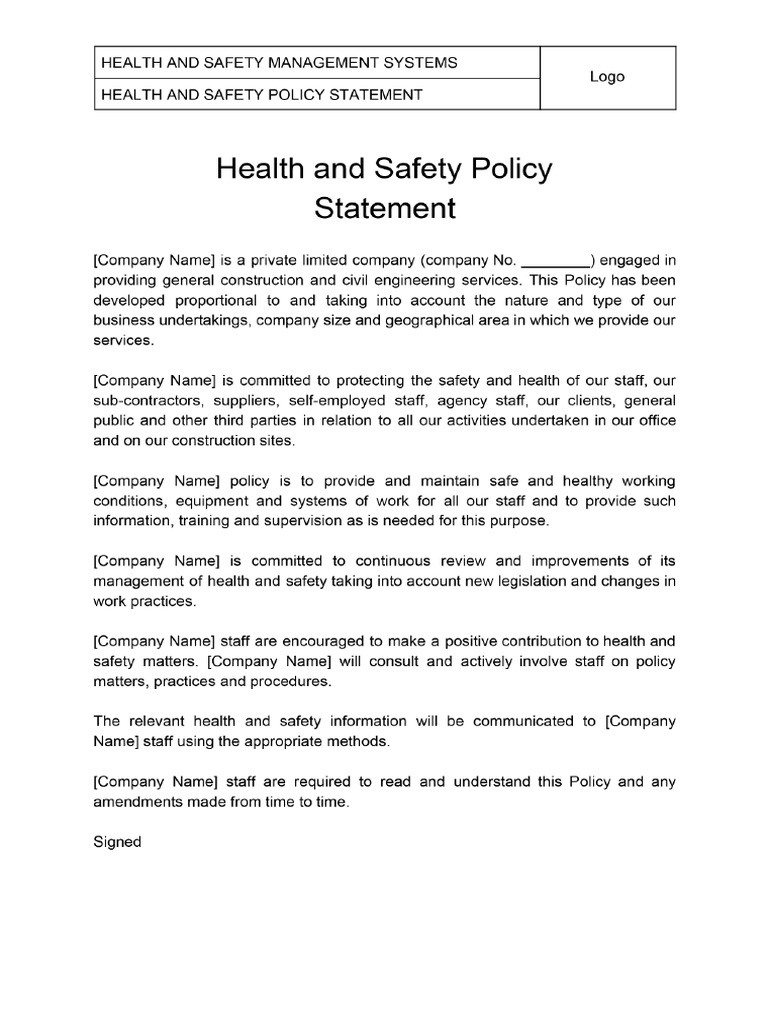 Construction Company Health and Safety Policy Statement | PDF