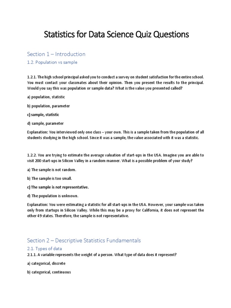 Statistics For Data Science Quiz Questions: Section 1 - Introduction ...