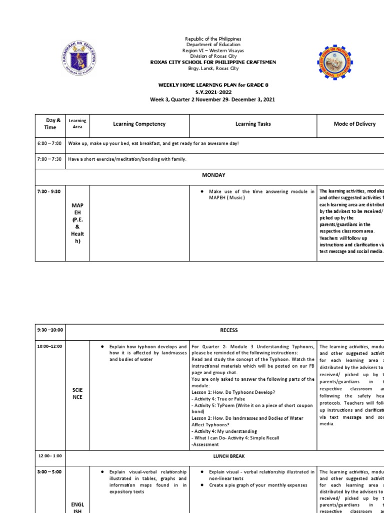 Weekly Home Learning Plan for Grade 8 Students Focused on Developing ...