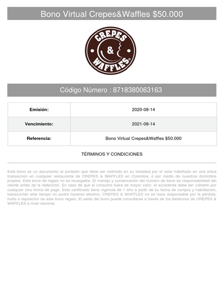 Bono Virtual Crepes&Waffles: $50.000 | PDF