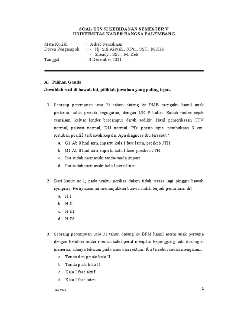 Soal Uas Askeb Persalinan Ukb 2021 | PDF