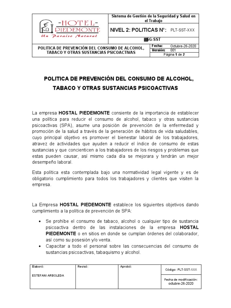 Política de Prevención Del Consumo de Alcohol, Tabaco y Otras Sustancias Psicoactivas | PDF ...