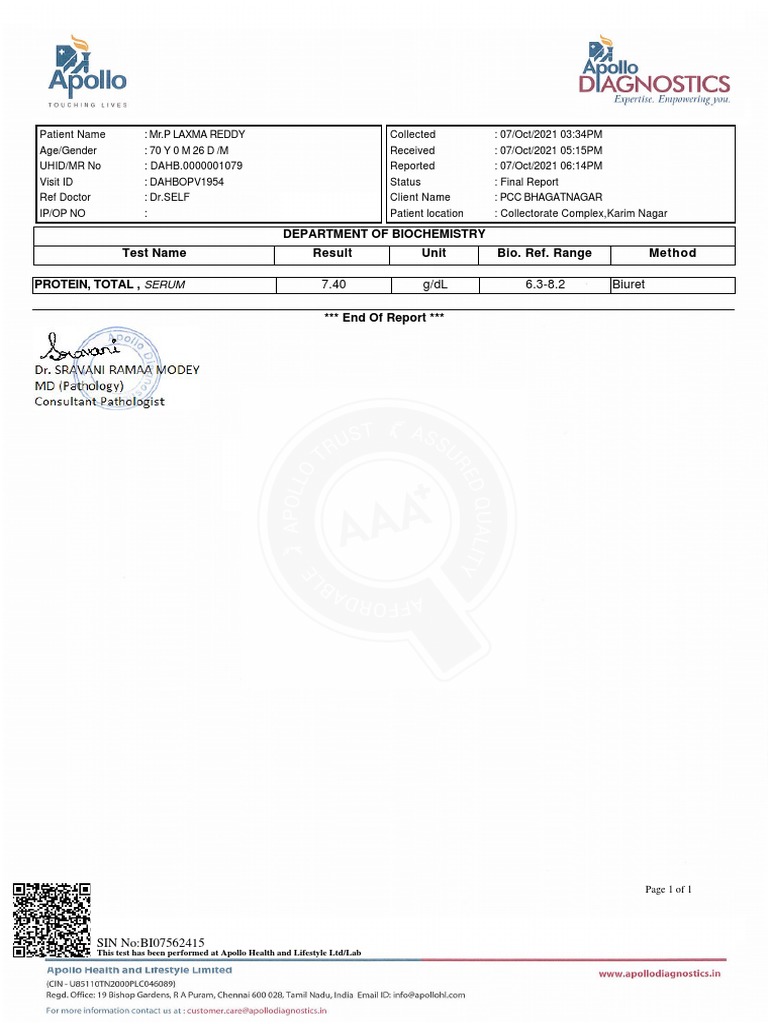 Department of Biochemistry Test Name Result Unit Bio. Ref. Range Method ...