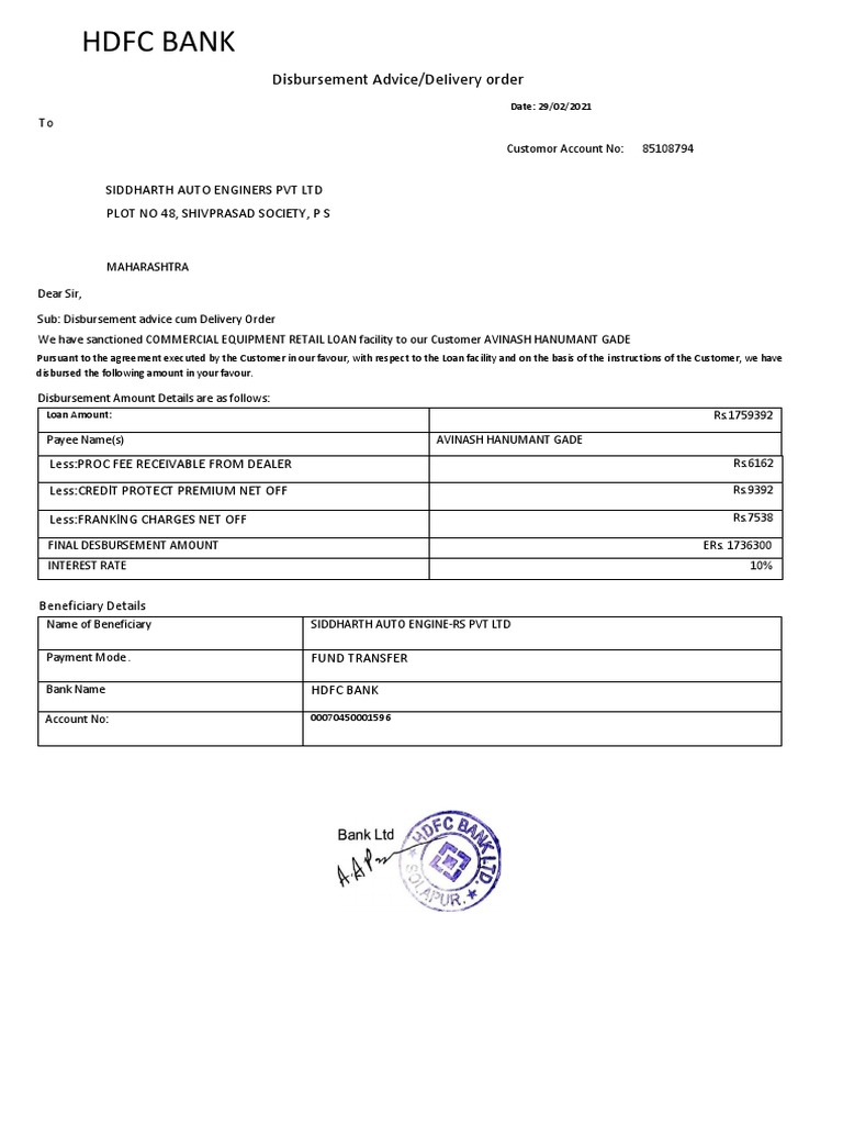 HDFC Bank: Disbursement Advice/Deiivery Order | PDF | Banks | Insurance