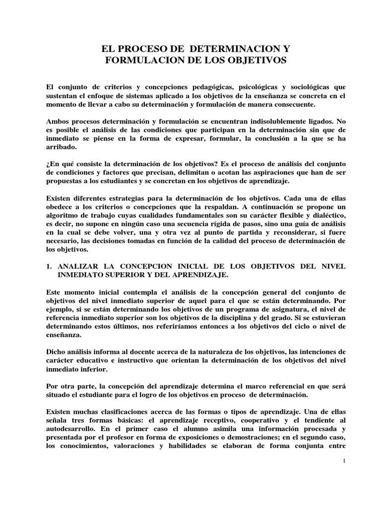 El Proceso de Determinaci N y Formulaci N de Los Objetivos | PDF | Aprendizaje | Maestros