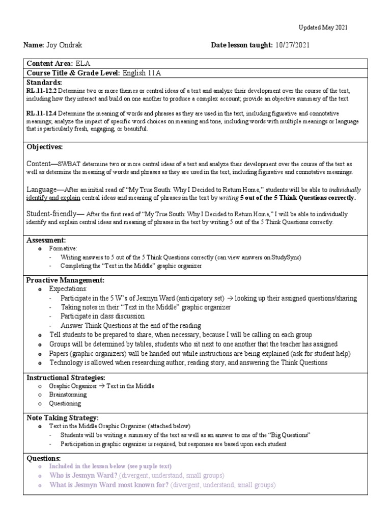 Date Lesson Taught: 10/27/2021: Name: Joy Ondrak Content Area: ELA ...