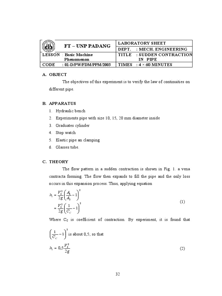 Sudden Contraction in Pipe Experiment | PDF | Pump | Valve
