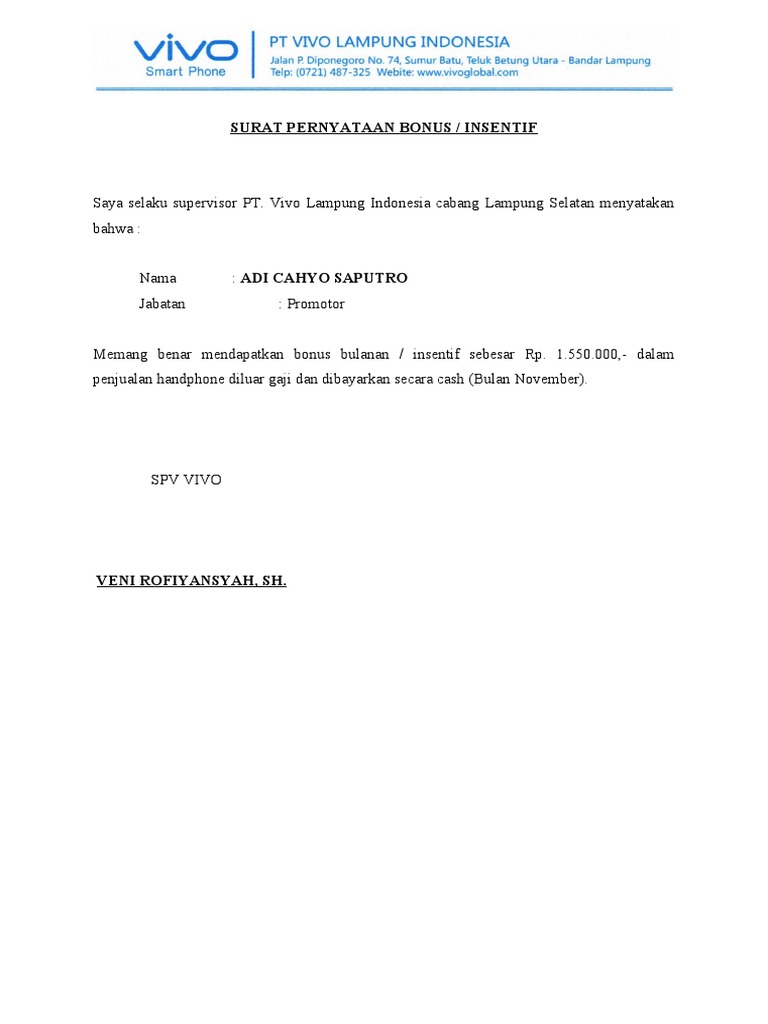 Surat Pernyataan Bonus Karyawan | PDF | Pengelolaan Keuangan & Uang