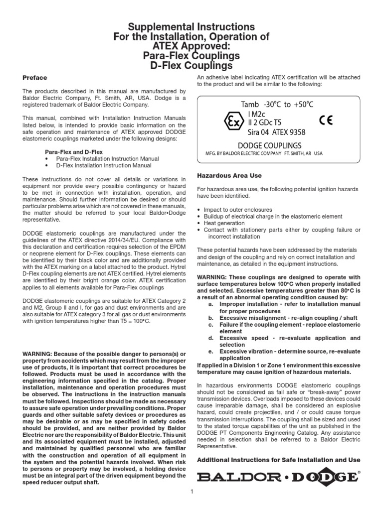 Supplemental Instructions For The Installation, Operation of ATEX ...