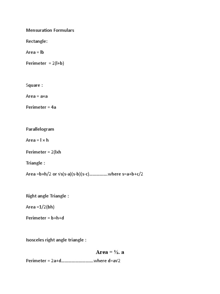 Mensuration of Formulary For SSS3 | PDF | Teaching Methods & Materials