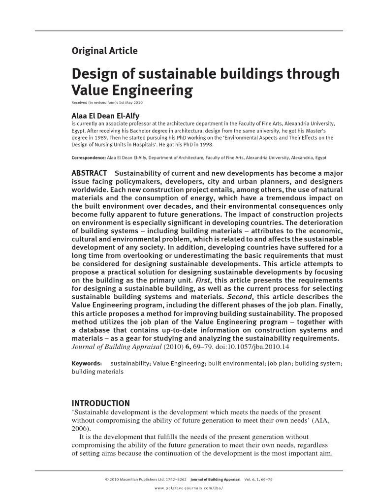Design of Sustainable Buildings Through Value Engineering | PDF ...