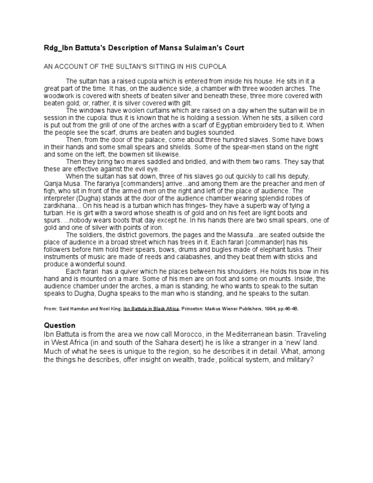 Ibn Battuta's Account of Mansa Sulaiman's Court | PDF | History