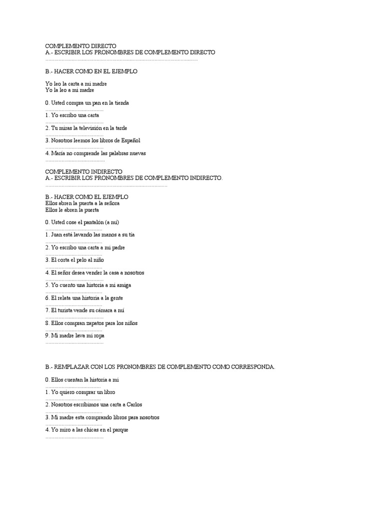 Complemento (Objeto) Directo y Complemento (Objeto) Indirecto Ejercicios | PDF