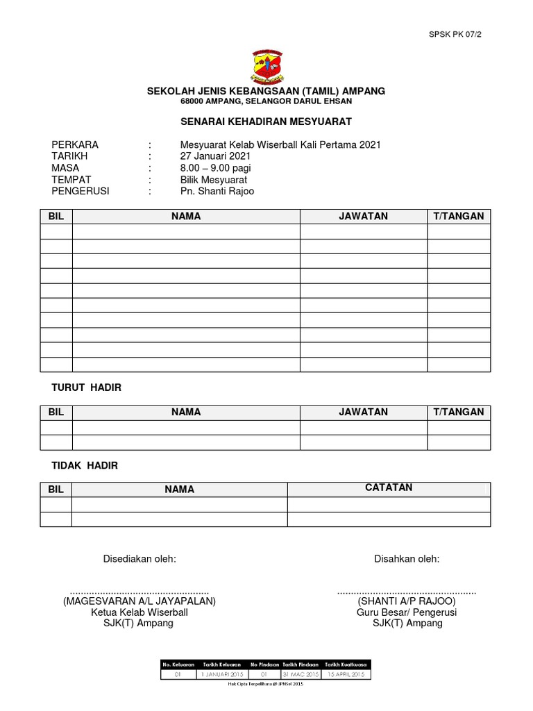 Rekod Kehadiran Mesyuarat Bil 1 2021 | PDF