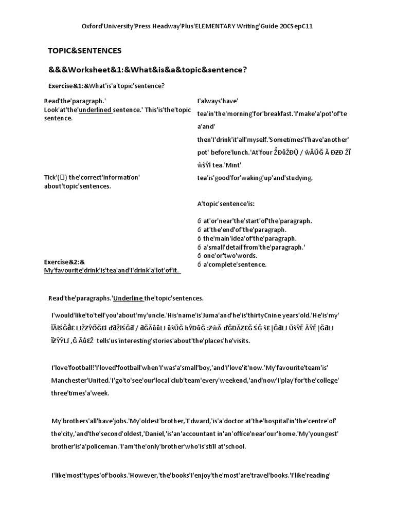 Topic Sentences Writing Exercises | PDF | Games & Activities | Language ...