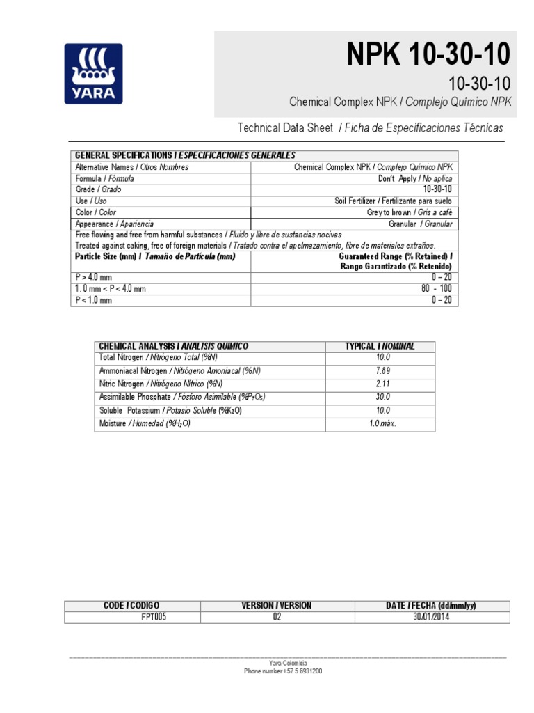 Ficha Tecnica NPK 10-30-10 | PDF | Química | Elementos químicos
