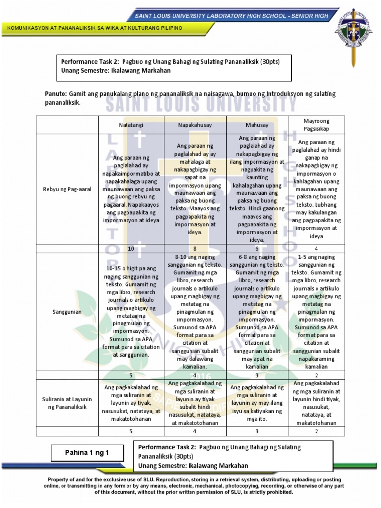 Performance Task 2 - Pagbuo NG Unang Bahagi NG Sulating Pananaliksik | PDF
