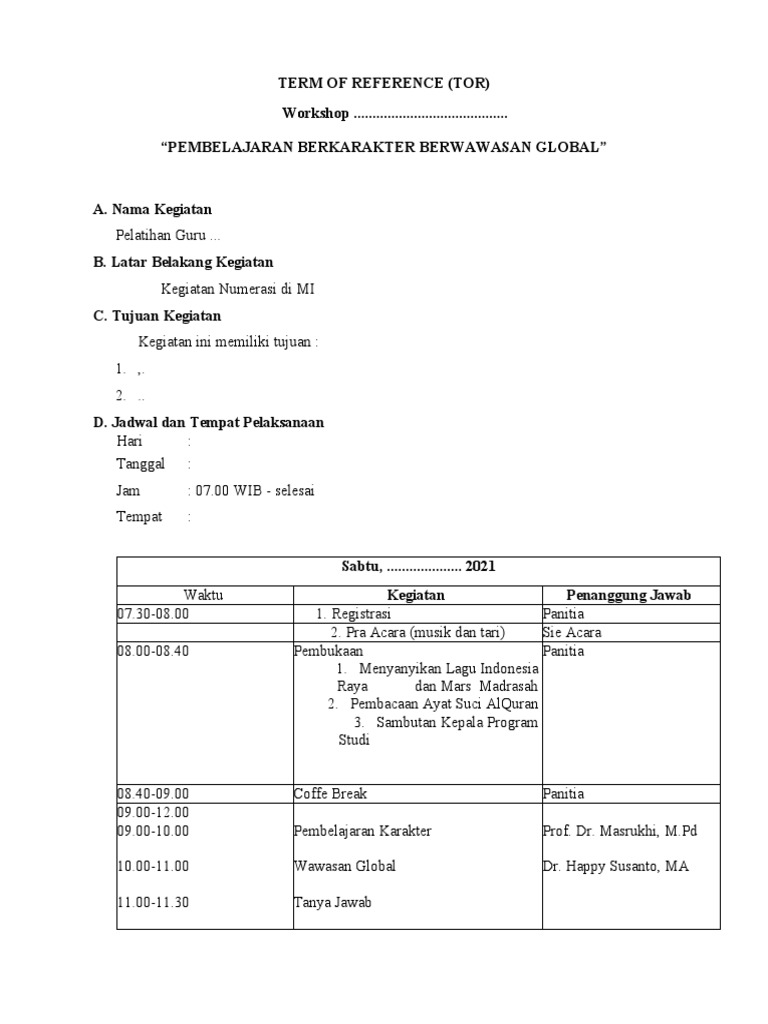 TOR Workshop Pembelajaran Karakter | PDF | Karier & Perkembangan ...