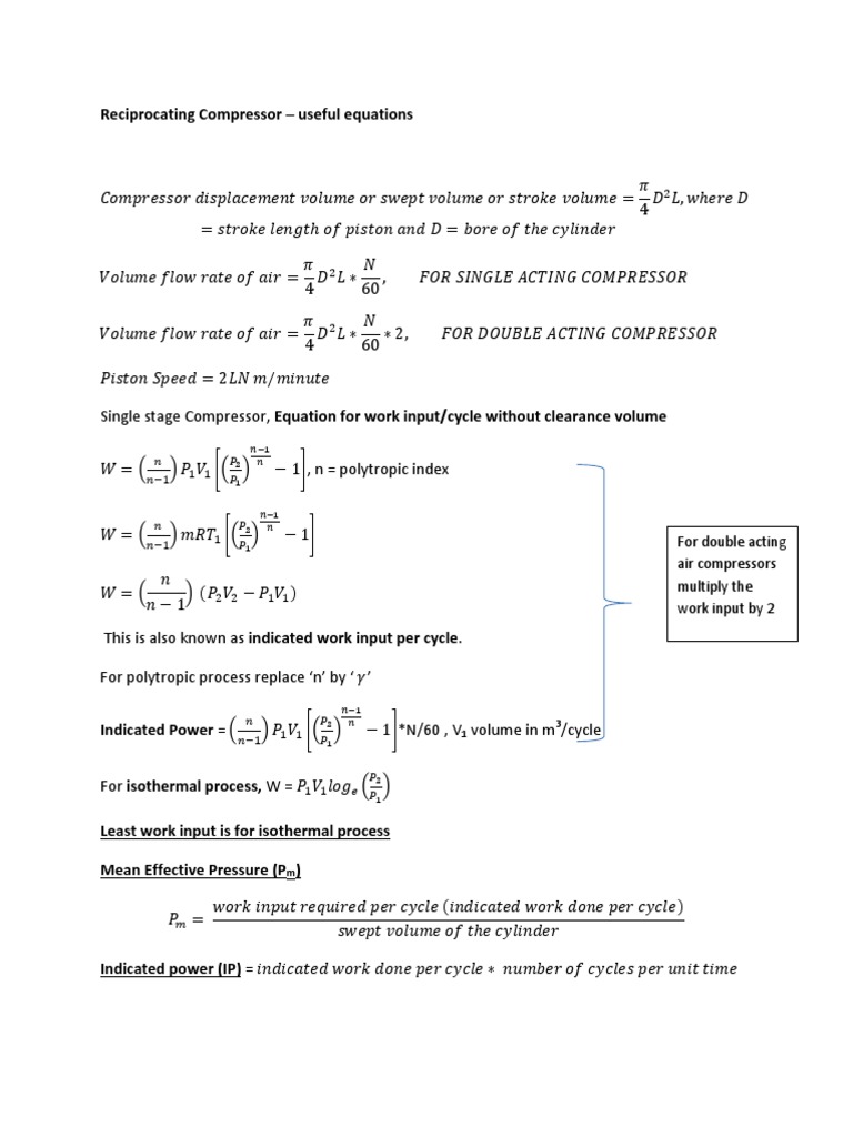Reciprocating Compressor - Useful Equations: For Double Acting Air ...