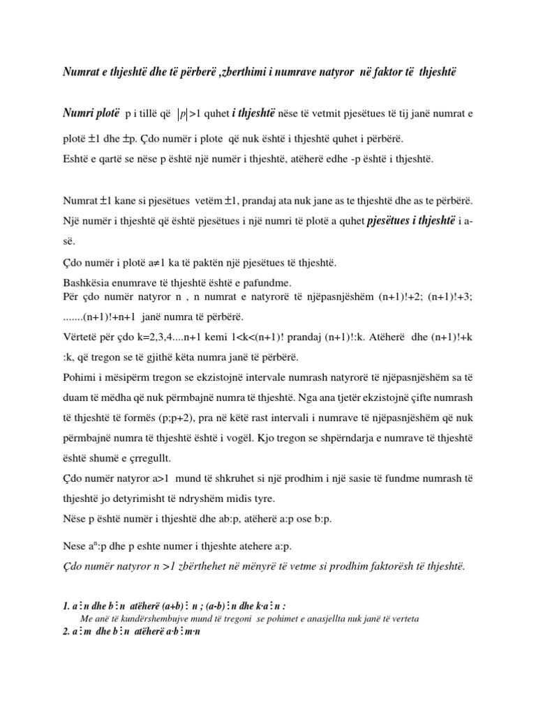 Numrat e Thjeshtë Dhe Të Përberë, Zberthimi I Numrave Natyror Në Faktor Të Thjeshtë | PDF