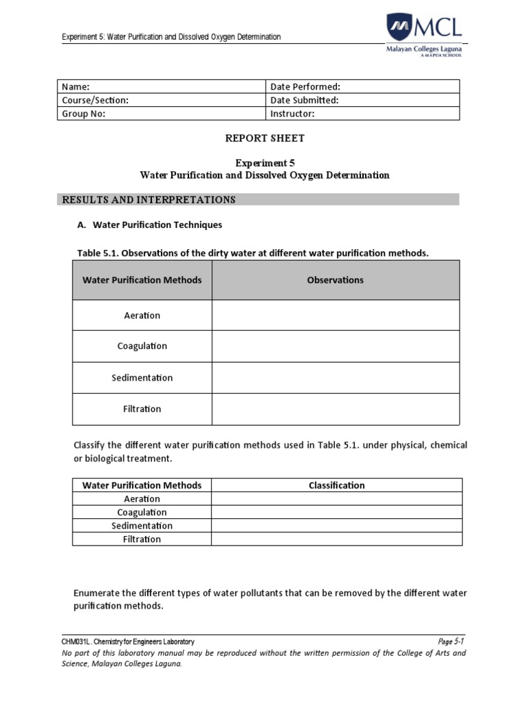 Water Purification Experiment Dissolved Oxygen | PDF | Water ...
