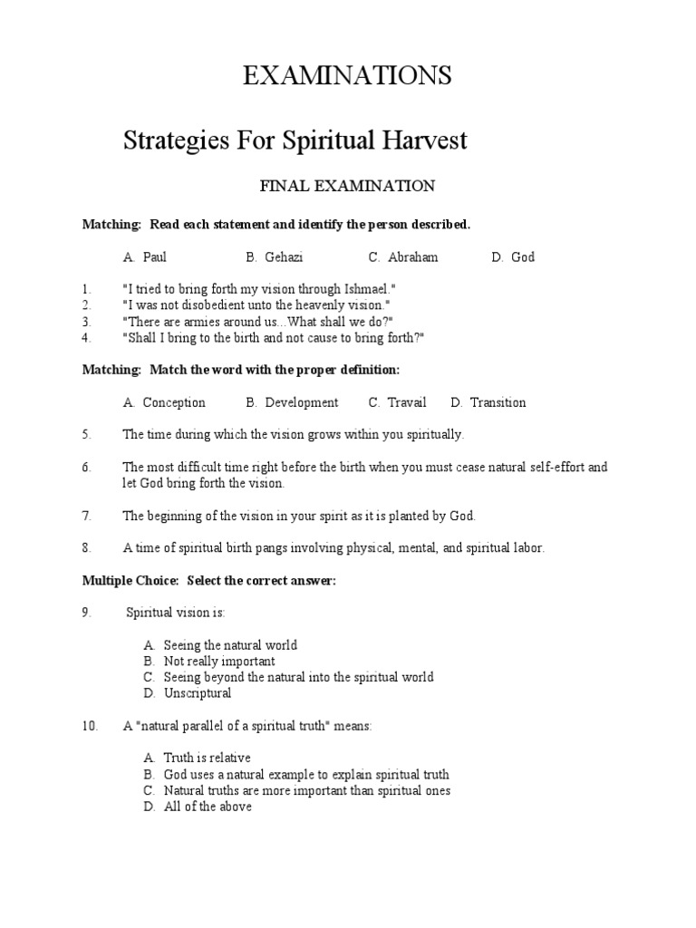 Examinations Strategies For Spiritual Harvest: Final Examination | PDF ...
