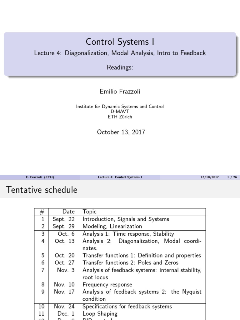 Control Systems I: Lecture 4: Diagonalization, Modal Analysis, Intro To Feedback Readings | PDF ...
