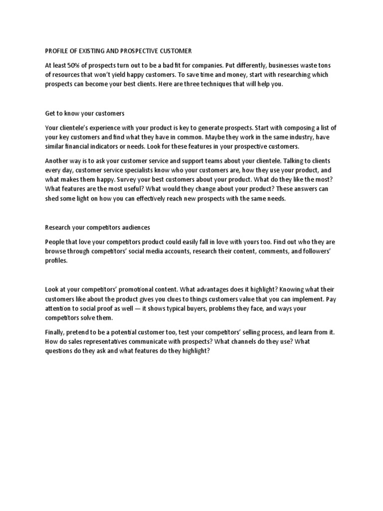 Profile of Existing and Prospective Customer | PDF
