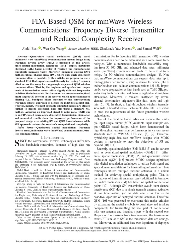 FDA Based QSM For MmWave Wireless Communications Frequency Diverse Transmitter and Reduced ...