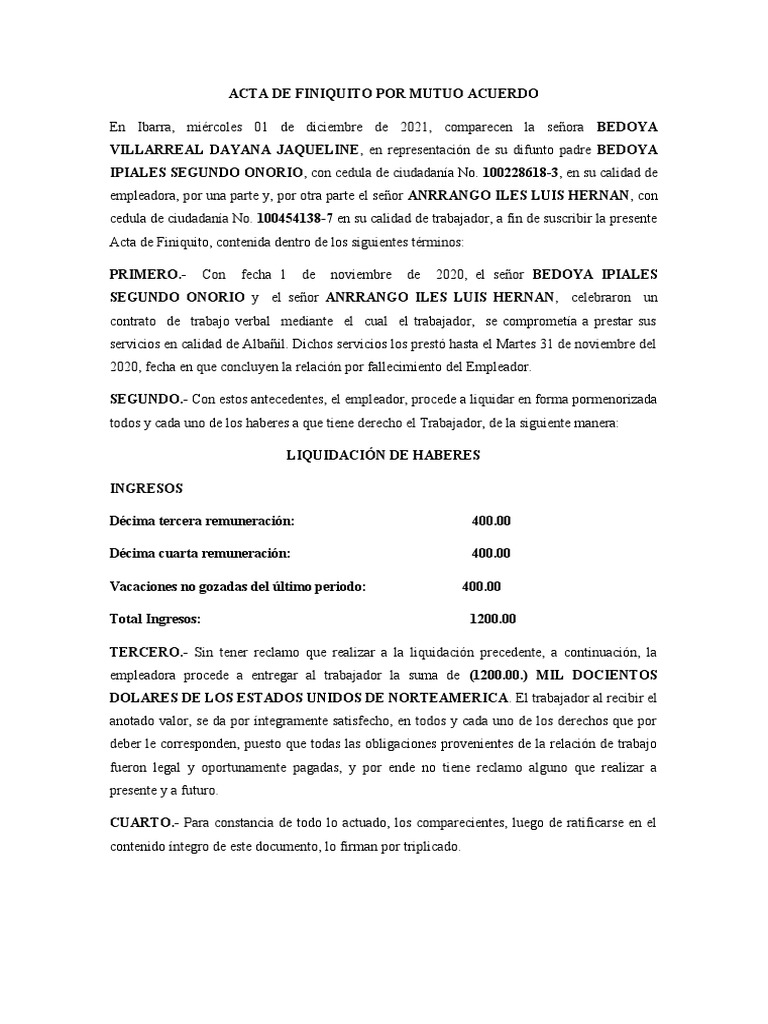 Acta de Finiquito Por Mutuo Acuerdo | PDF